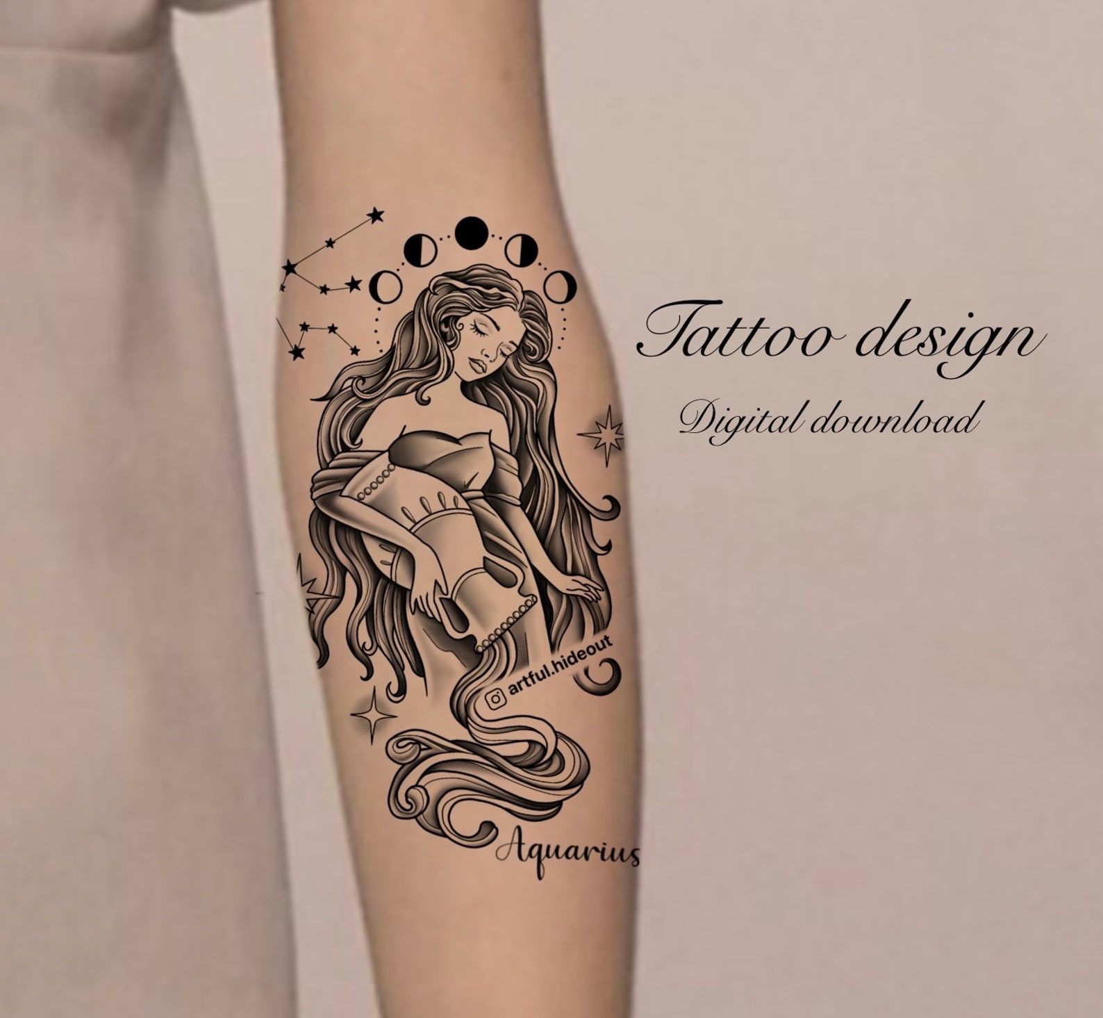 Aquarius Tattoo Design on Arm Leg Back | Zodiac Tattoo Flash | Custom ...