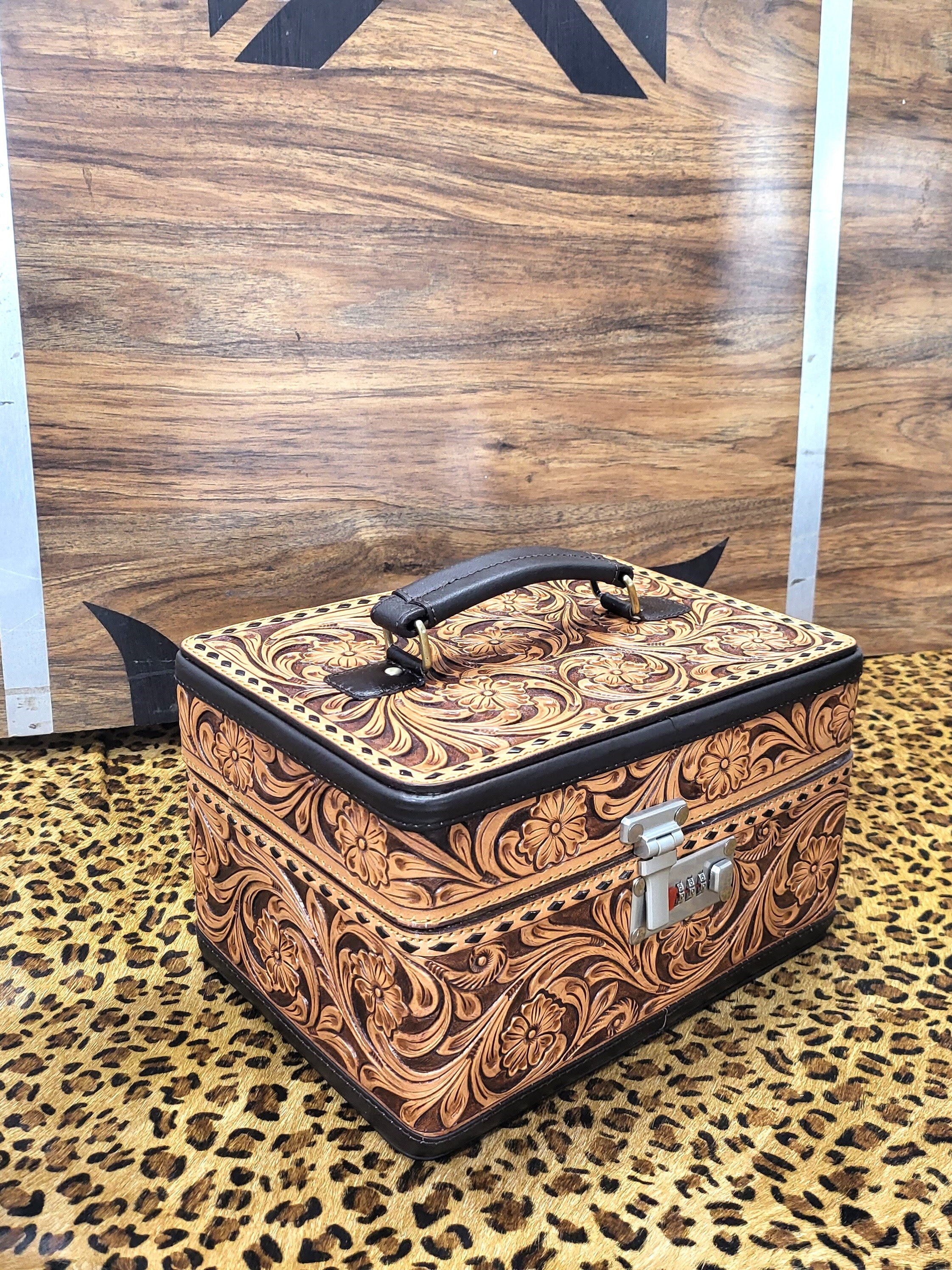 Tooled Leather Jewelry Box, Western Style Travel Case, Genuine Cowhide ...