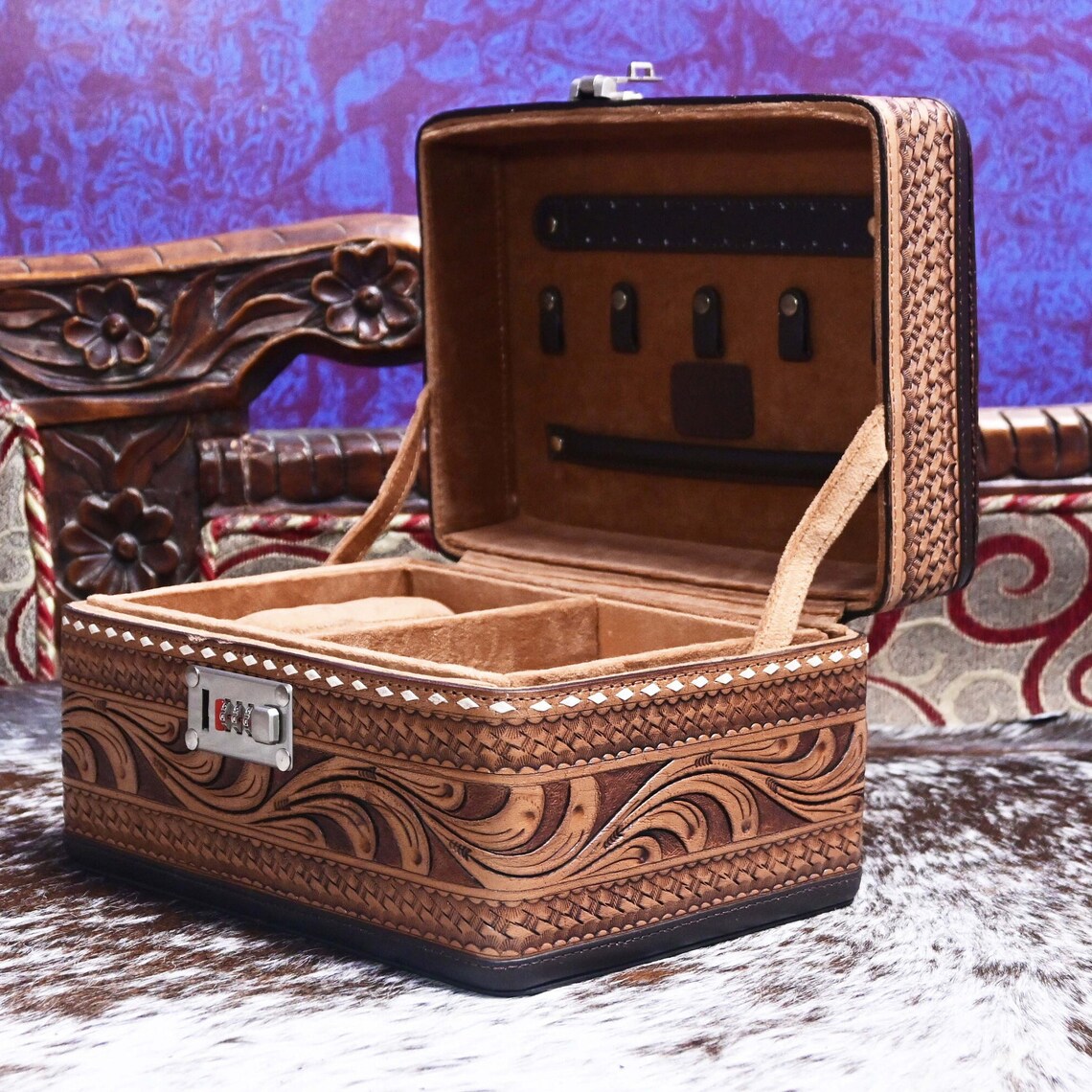 Large Jewelry Box, Jewelry Case, Leather Jewelry Box, Punchy, Tooled ...