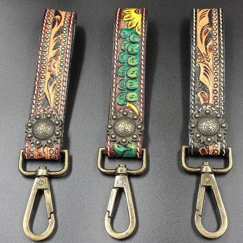 Tooled Leather Keychain, Western Leather Keychain, Key Fob, Cowgirl Car ...