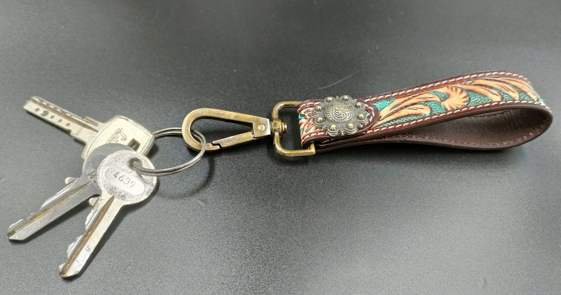 Western Tooled Leather Keychain, Handcrafted Key Fob, Vintage Style ...