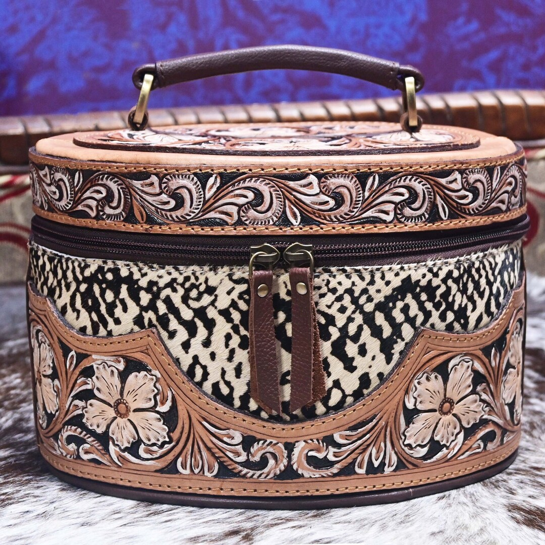 Hand Tooled Leather Makeup Train Case: Hair-on Cowhide, Velvet Lined - Etsy