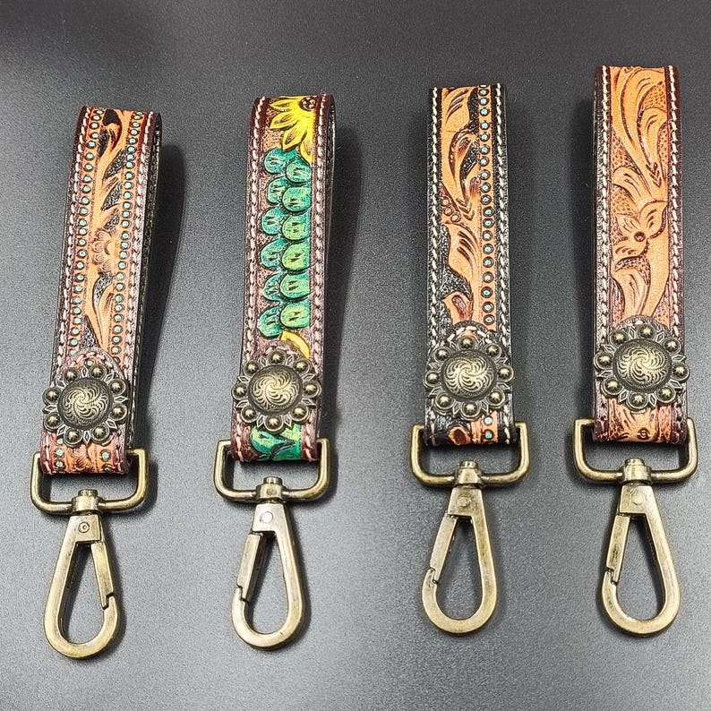 Western Tooled Leather Keychain, Handcrafted Key Fob, Vintage Style ...