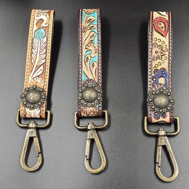 Western Tooled Leather Keychain, Handcrafted Key Fob, Vintage Style ...