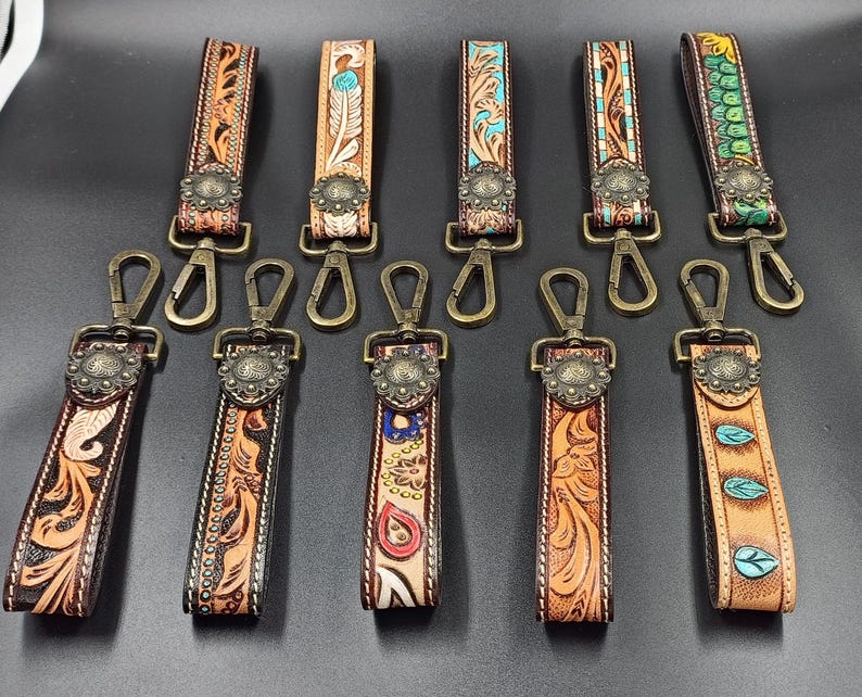 Western Tooled Leather Keychain, Handcrafted Key Fob, Vintage Style ...