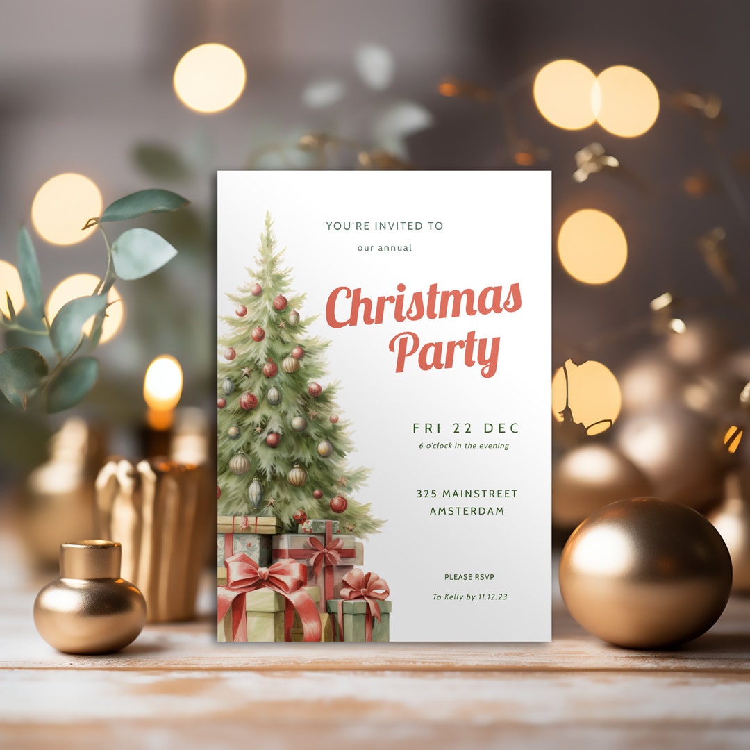Retro Christmas Tree Invite Downloadable, Editable Template, Office ...