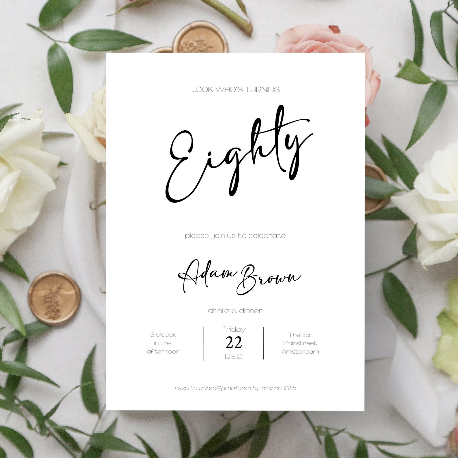 Downloadable 80th Birthday Invitation Template, Instant, Minimalist ...
