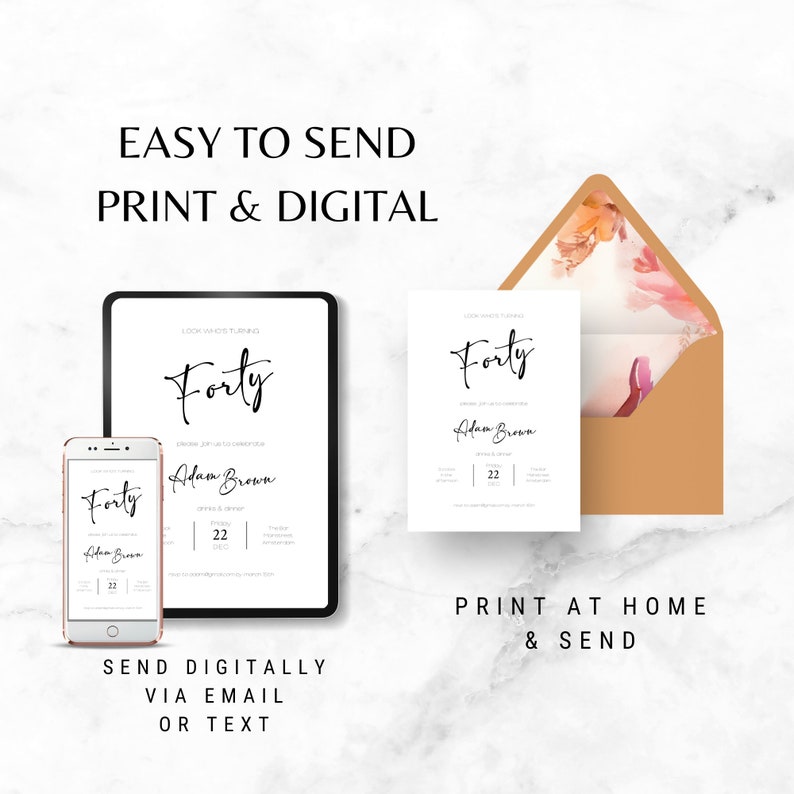Simple 40th Birthday Invitation Electronic, Digital Editable Template ...