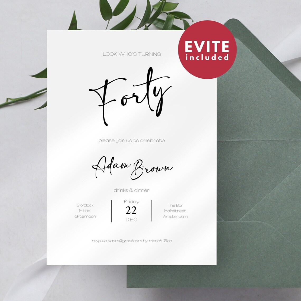 Simple 40th Birthday Invitation Electronic, Digital Editable Template ...