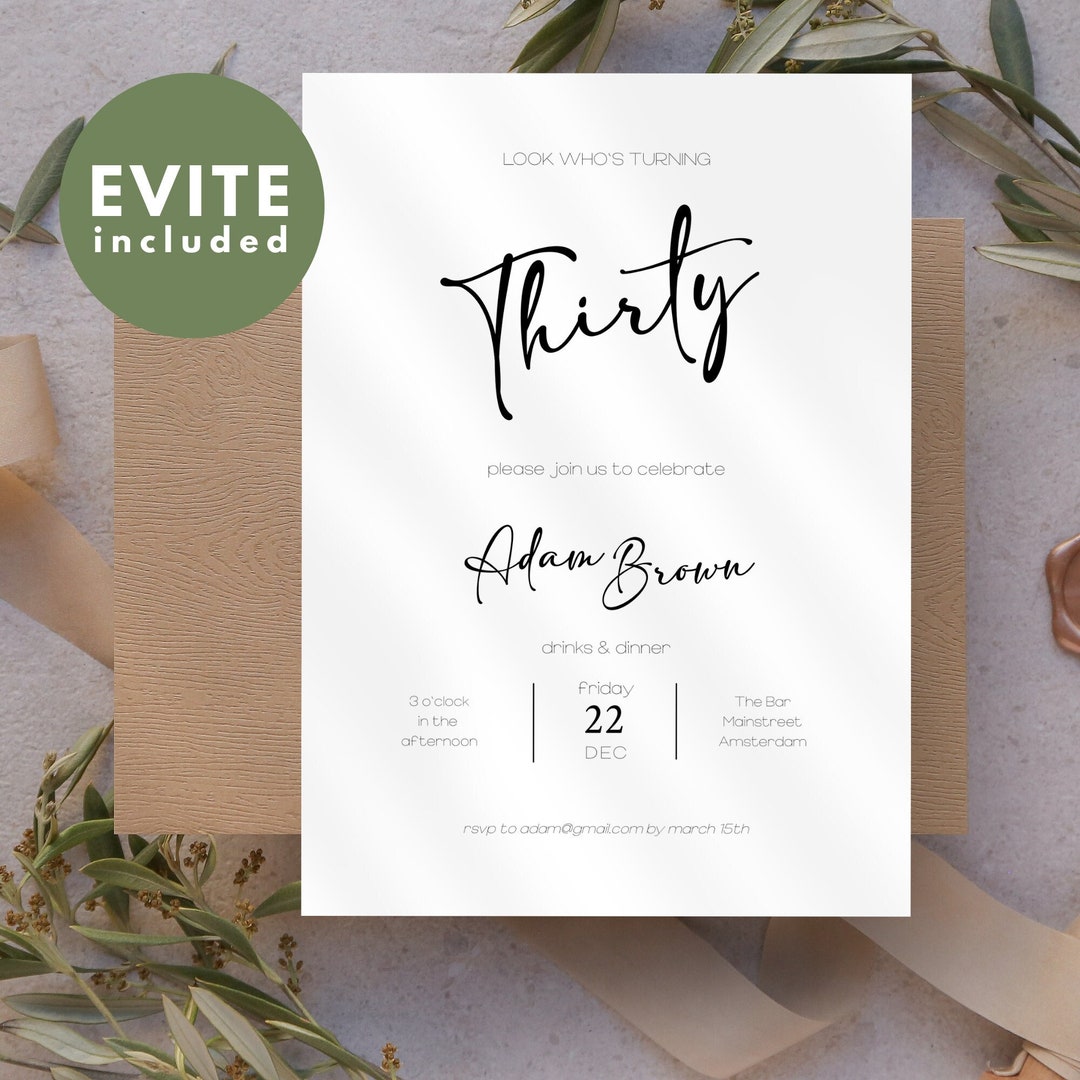 Simple 30th Birthday Invitation Electronic, Digital Editable Template ...