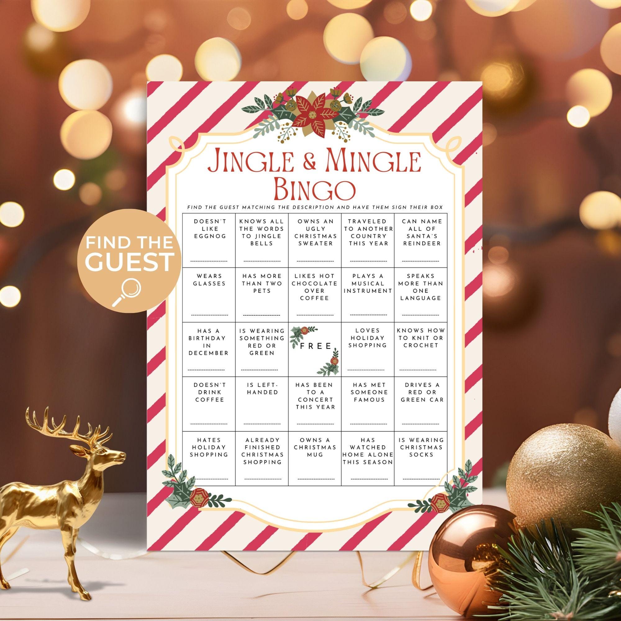 Jingle and Mingle Bingo, Find the Guest Ice Breaker Game, Find Someone ...
