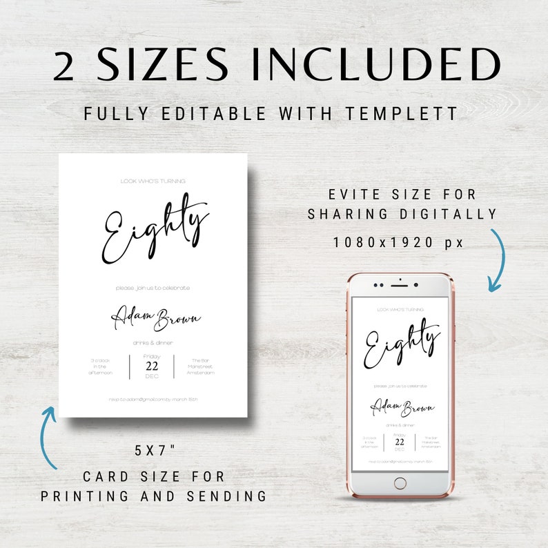 Downloadable 80th Birthday Invitation Template, Instant, Minimalist ...