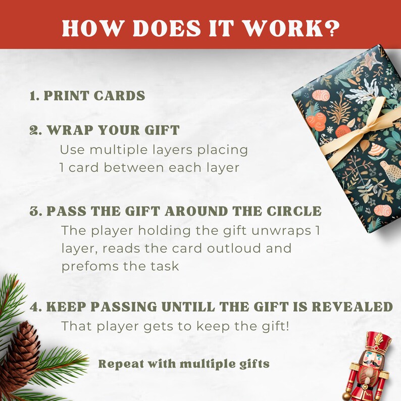 Pass the Prize Holiday Game, Christmas Present Exchange Printable Cards ...
