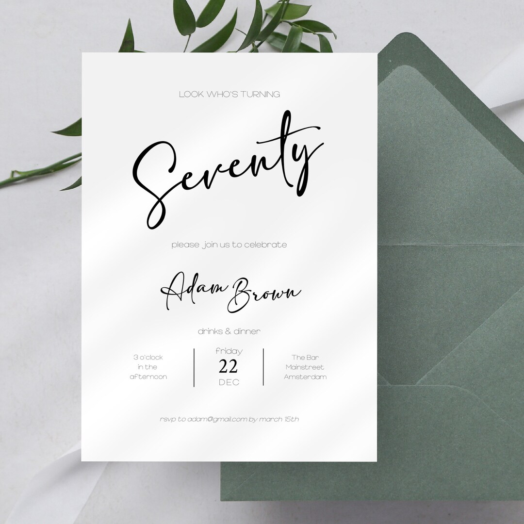 Simple 70th Birthday Invitation Template, Downloadable, Minimalist ...