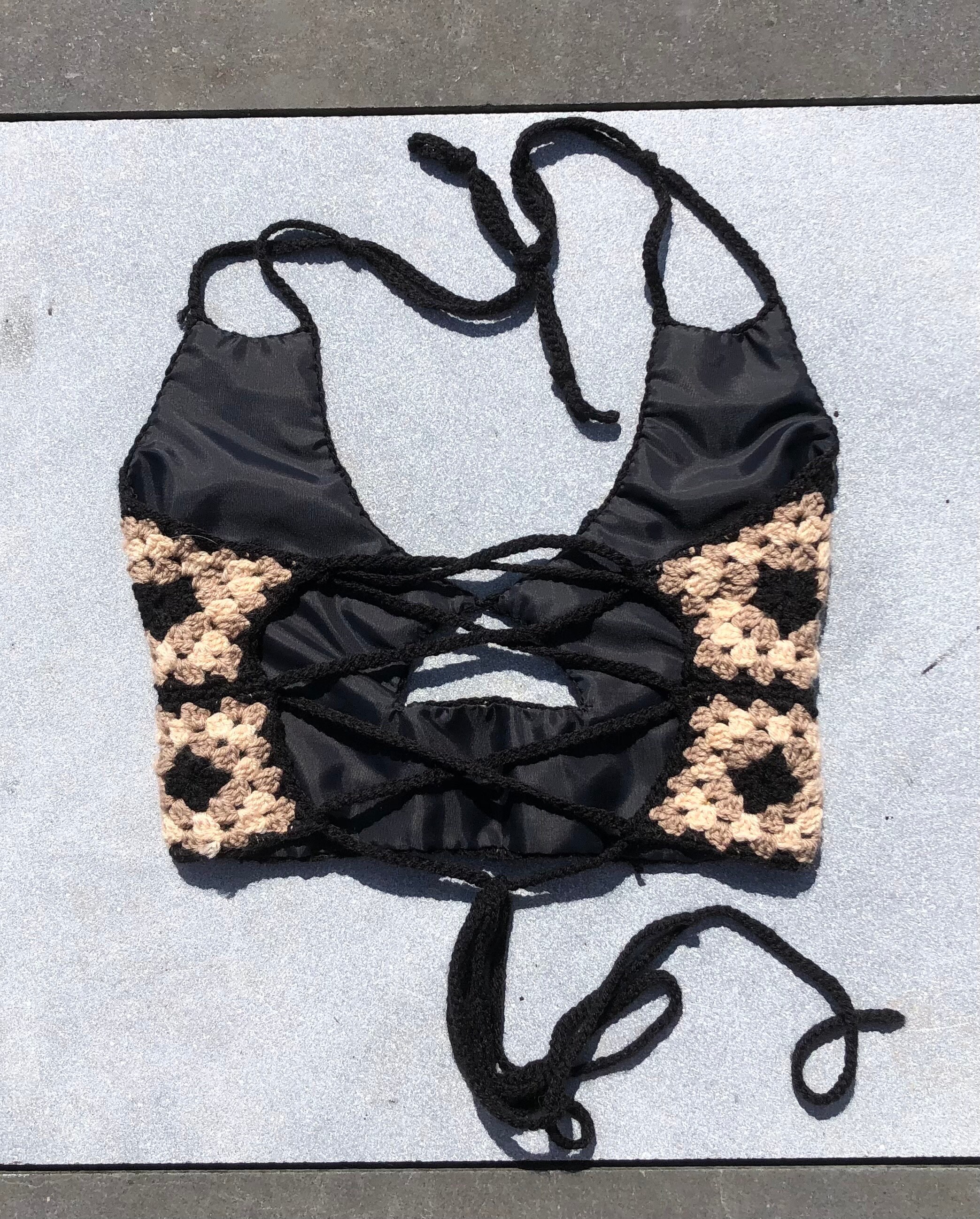 Crocheted Granny Square Halter Top, Black and Brown, Lined With Silky ...