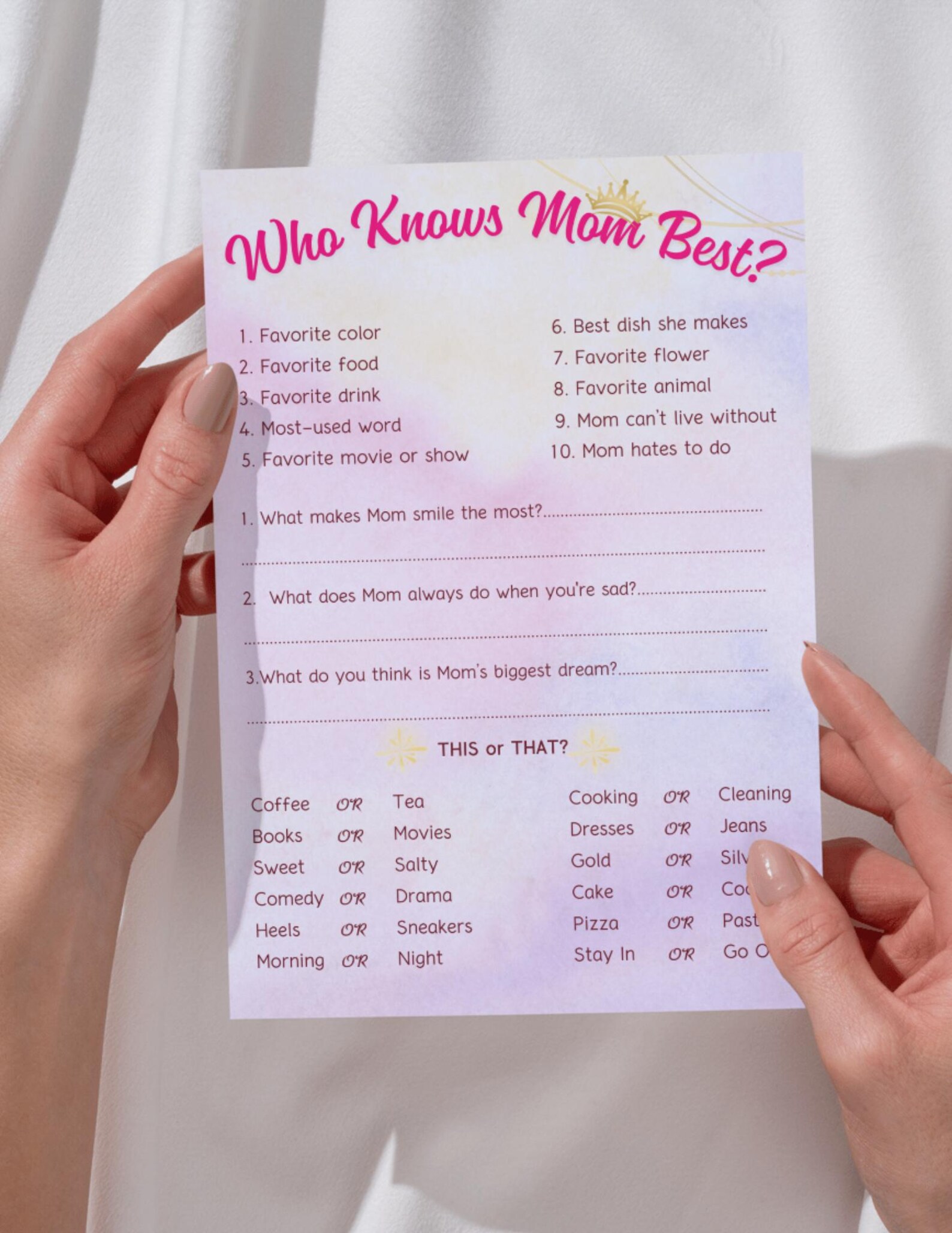 Mother’s Day Game Cards - Who Knows Mom Best - Printable Quiz & This or ...