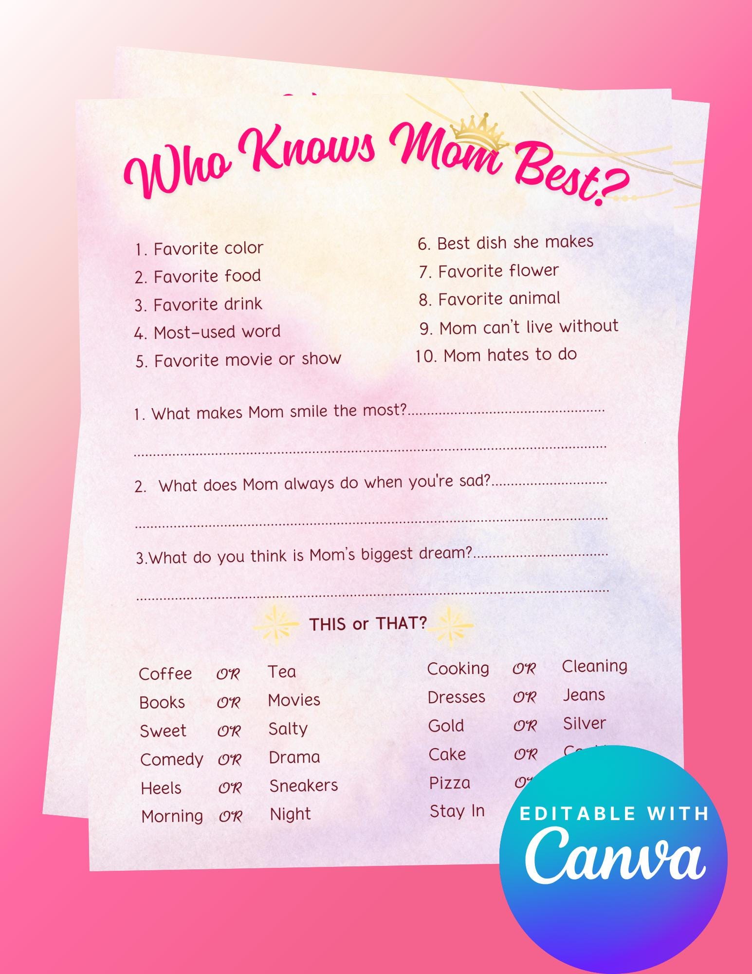 Mother’s Day Game Cards - Who Knows Mom Best - Printable Quiz & This or ...
