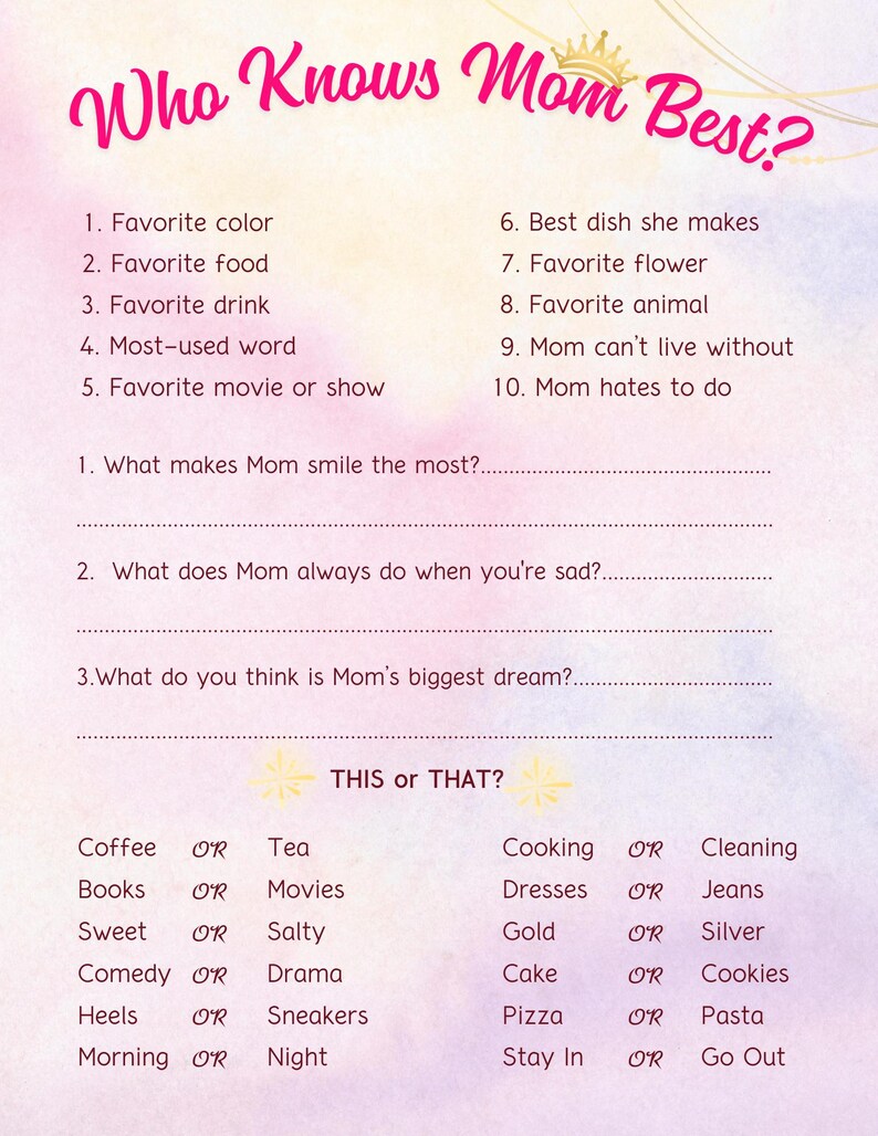 Mother’s Day Game Cards - Who Knows Mom Best - Printable Quiz & This or ...
