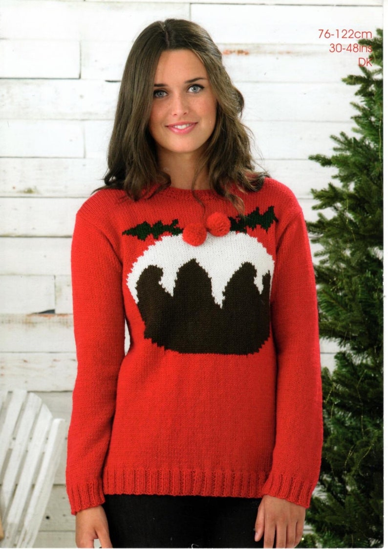 Mens & Ladies Knitting Pattern Christmas Pudding Sweater Jumper DK 30 ...