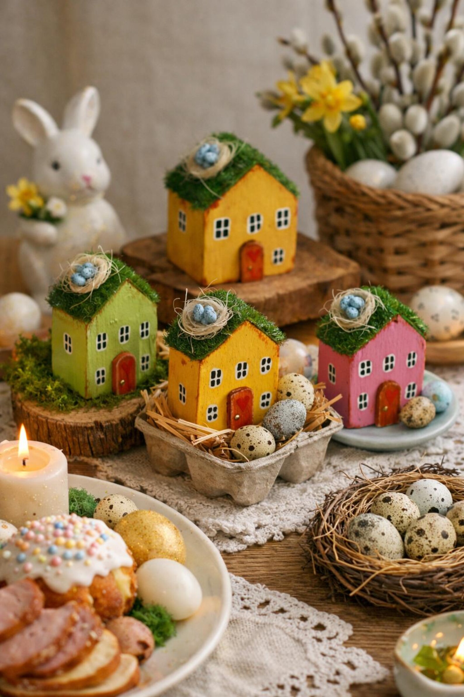 Mini Wooden Houses With Bird Nests – Handmade Cottagecore Easter Decor ...