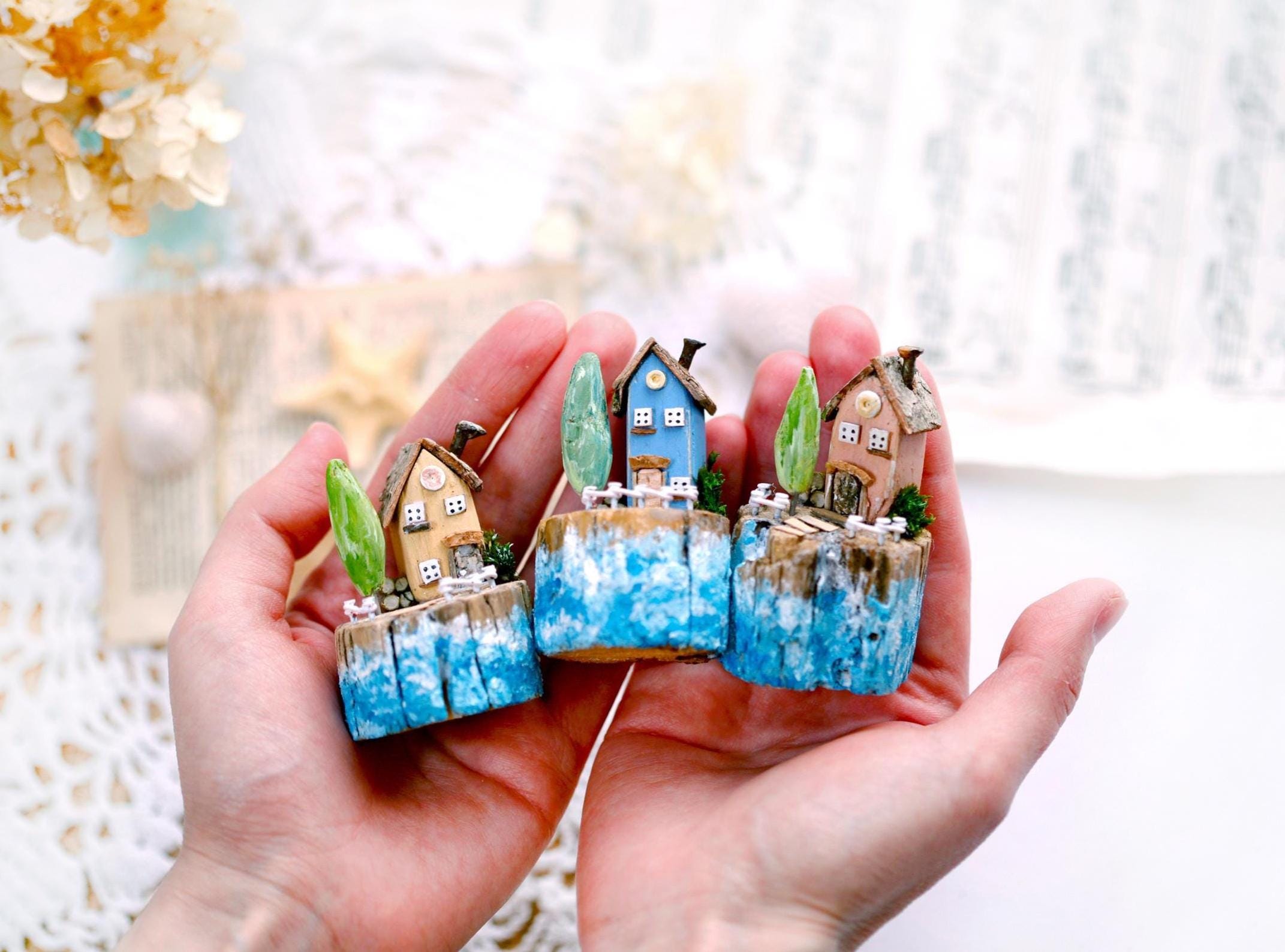 Miniature Coastal House Decor – Handcrafted Tiny Seaside Village on ...