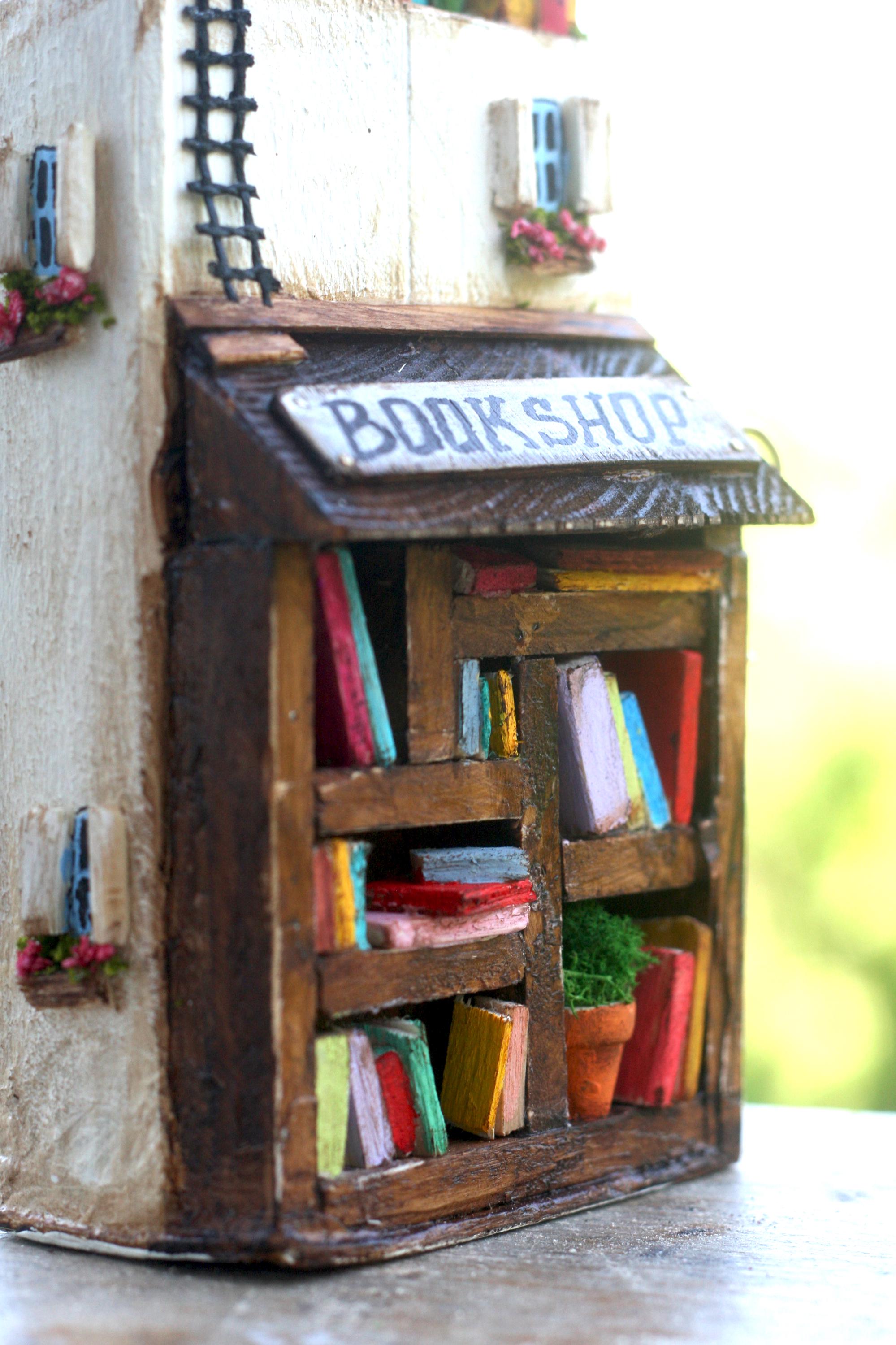Miniature Bookshop Sculpture | Handmade Wooden Book Nook | Bookshelf ...