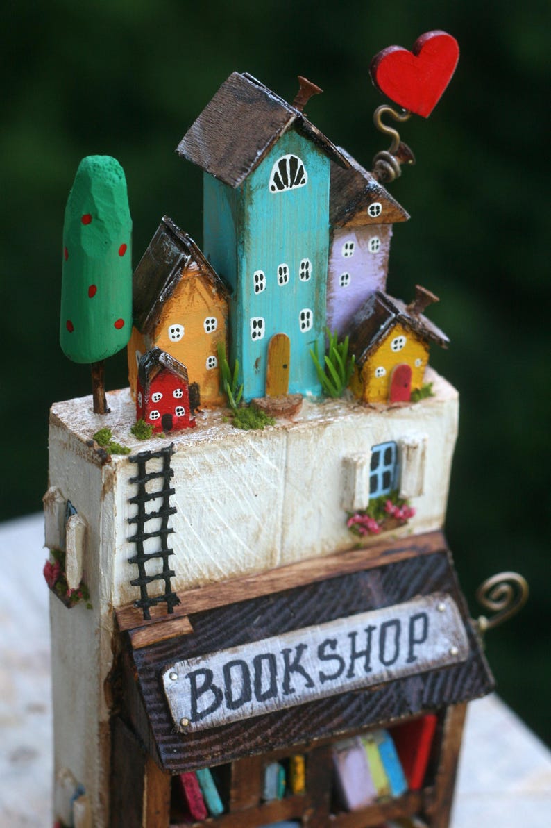 Miniature Bookshop Sculpture | Handmade Wooden Book Nook | Bookshelf ...