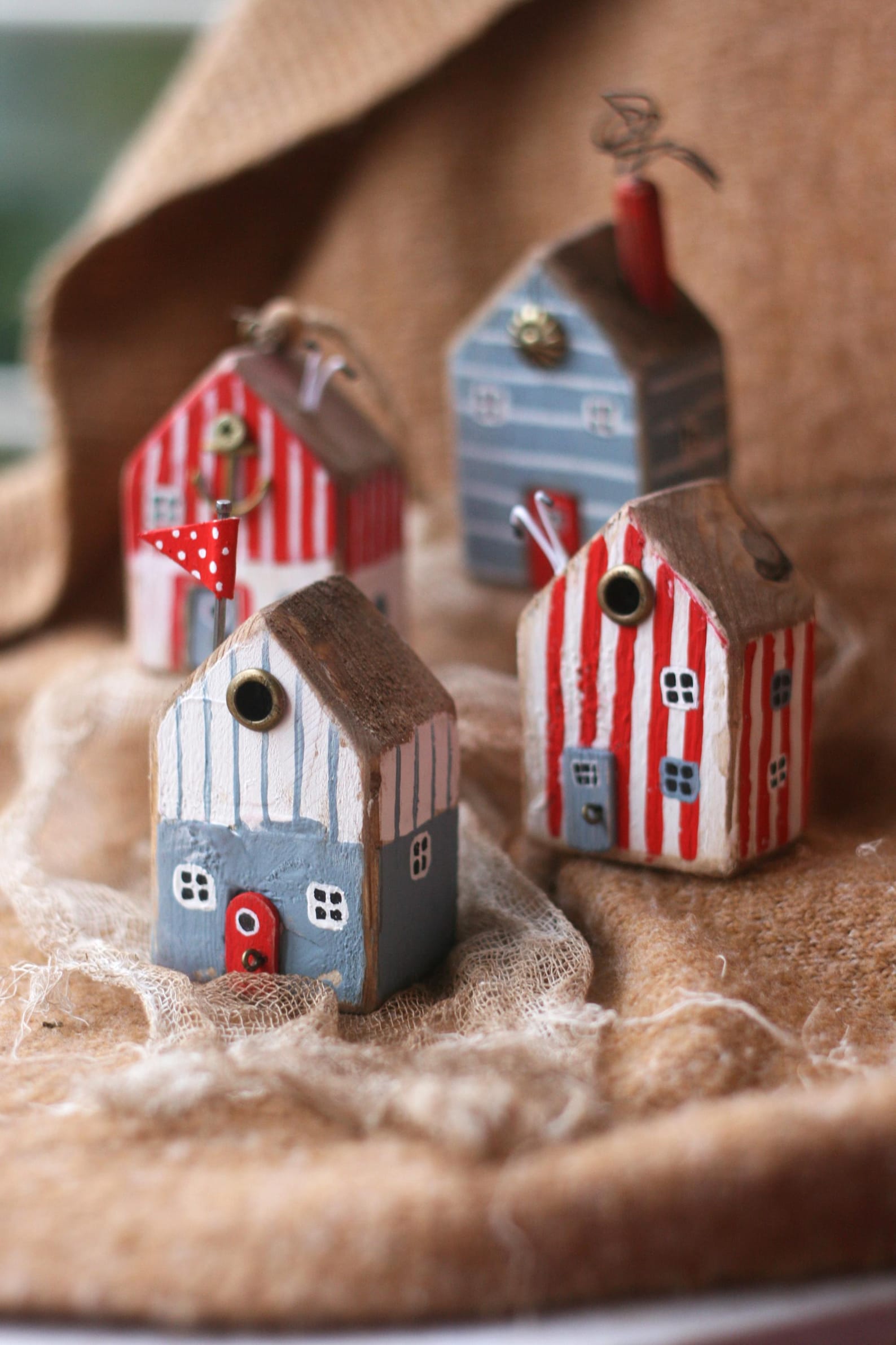 Hand-painted Nautical Wooden Houses • Coastal Decor Ornament - Etsy