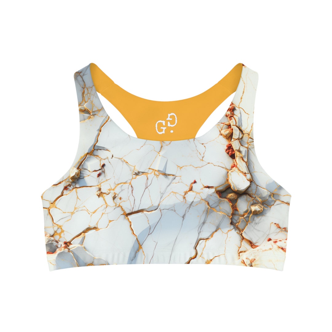 Realistic 3D Marble Sports Bra, White and Golden, Seamless, Comfortable ...