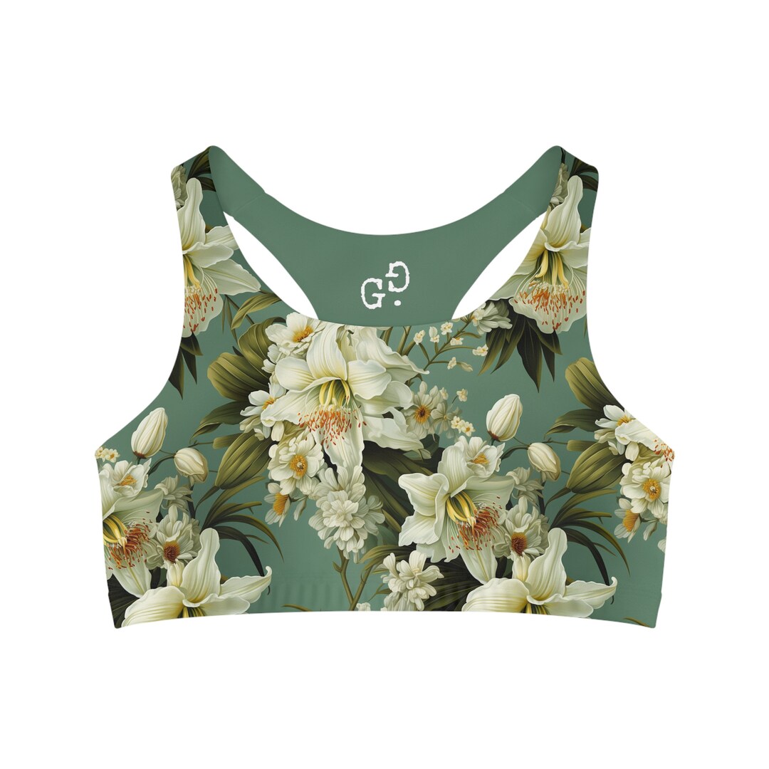 Lillies Sports Bra White Floral Pattern Teal Background - Etsy