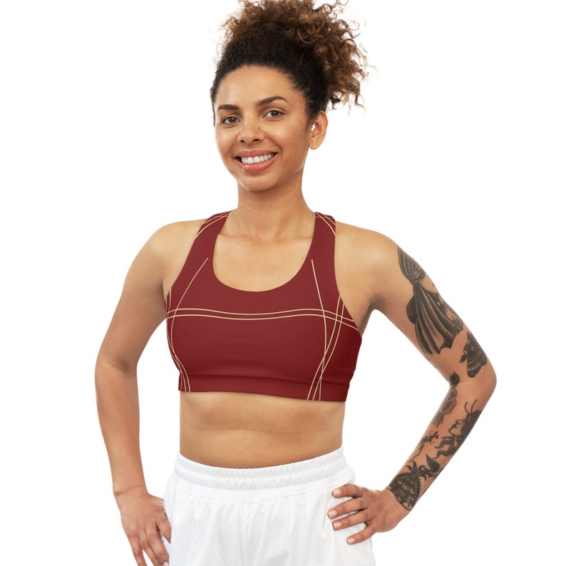 Maroon Sports Bra Vintage Beige Lines on Dark Red Geometric Print ...