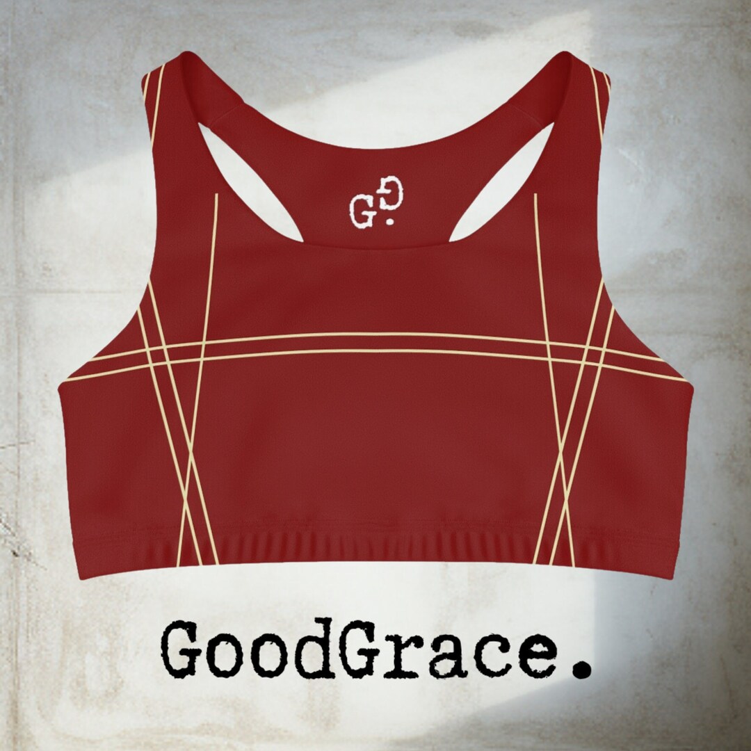 Maroon Sports Bra Vintage Beige Lines on Dark Red Geometric Print ...