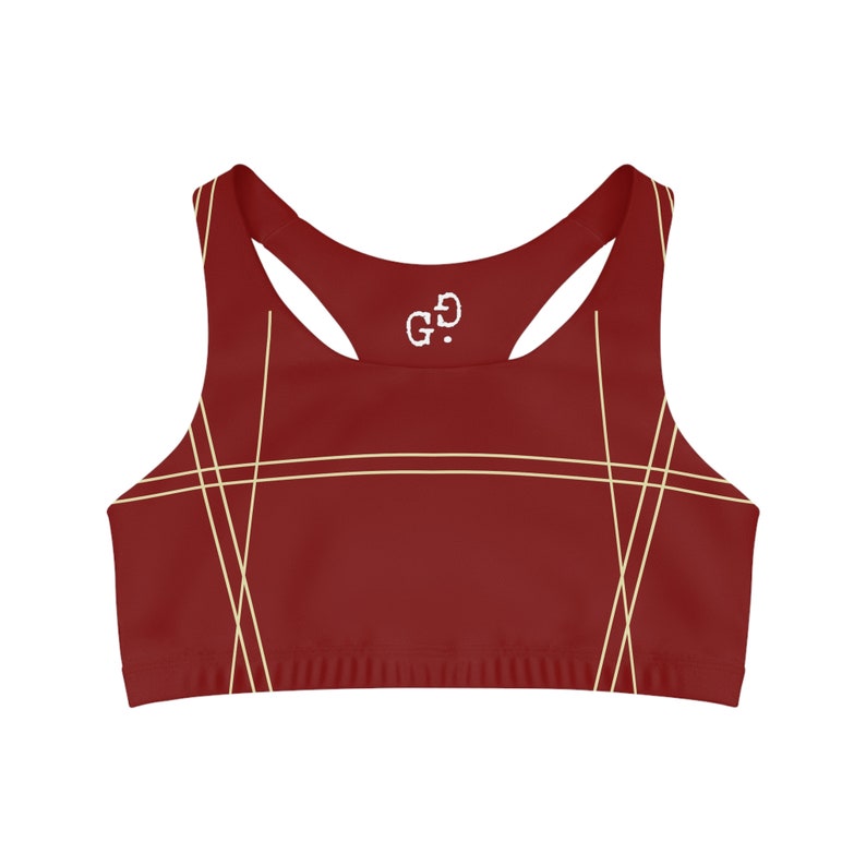 Maroon Sports Bra Vintage Beige Lines on Dark Red Geometric Print ...