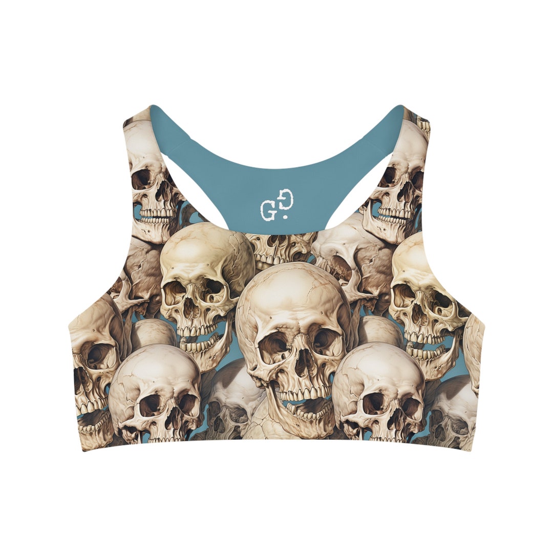 Skulls Sports Bra, Blue Background, Realistic Skulls, , Goth, Exclusive ...