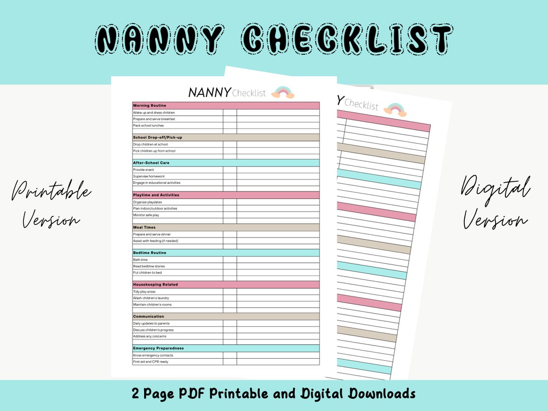 Printable Nanny Checklist Guide, Babysitter Checklist Planner, Nanny ...