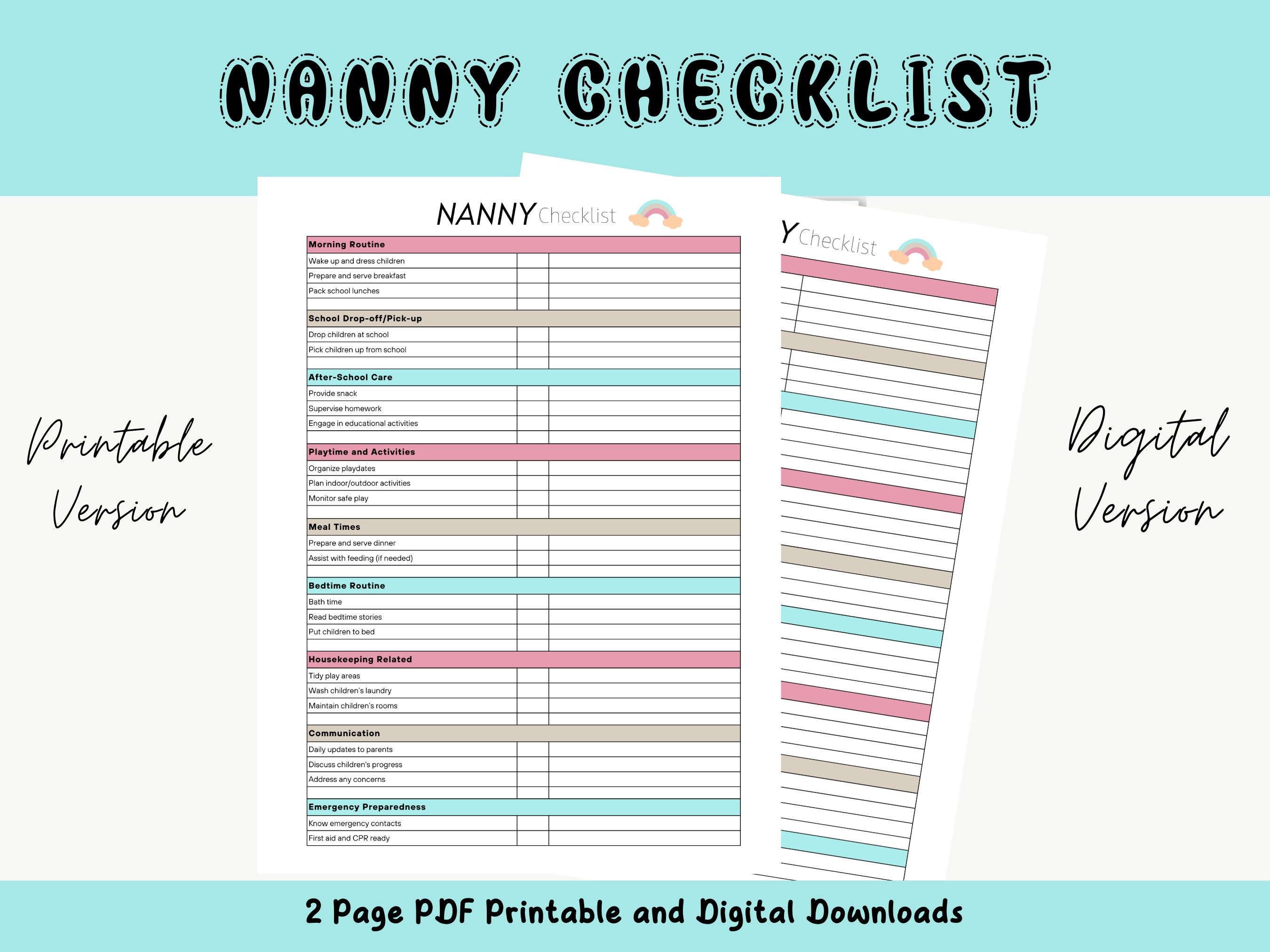 Printable Nanny Checklist Guide, Babysitter Checklist Planner, Nanny ...