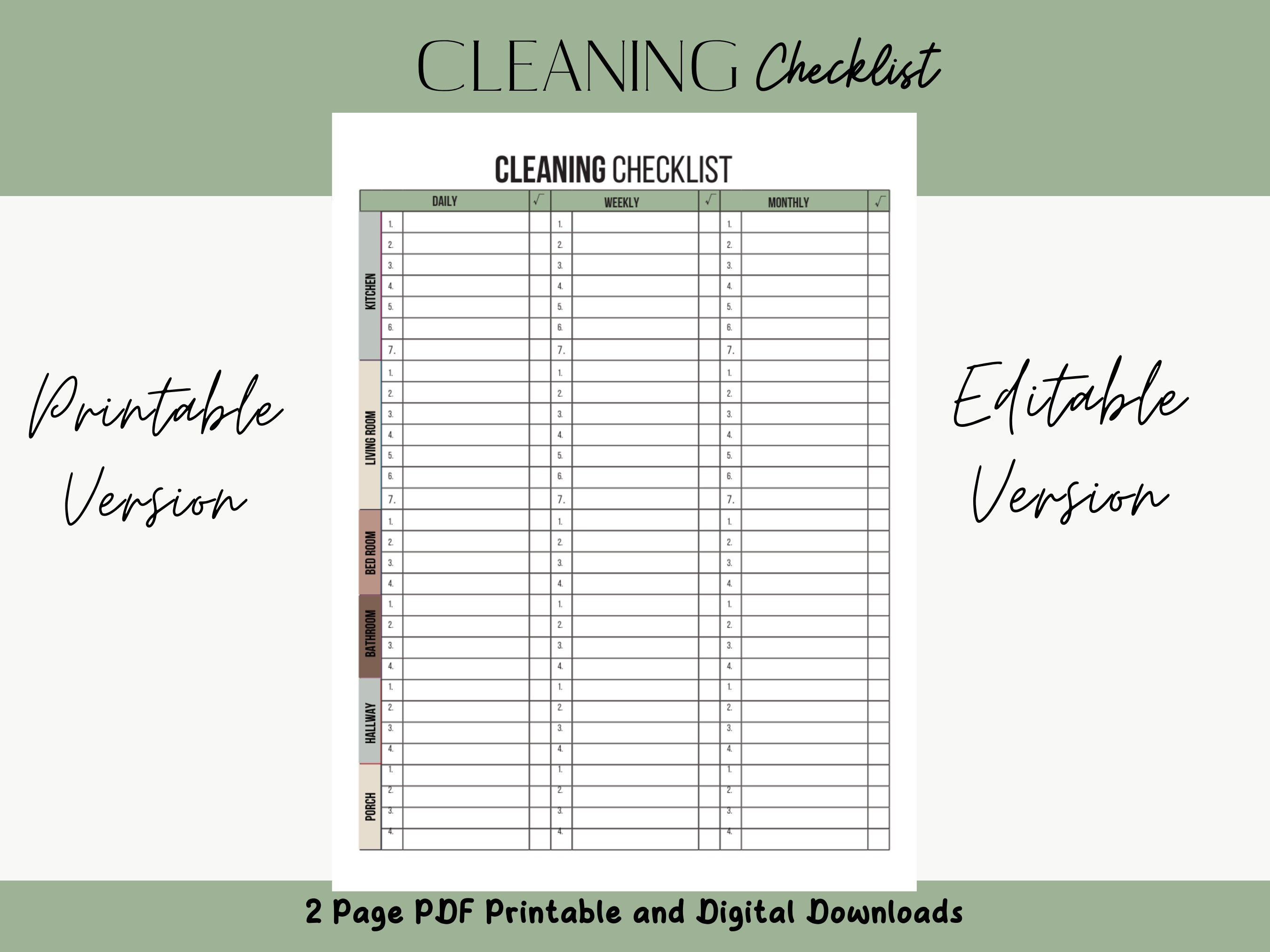 Printable Cleaning Checklist: Monthly, Weekly, Daily Planner (PDF) - Etsy