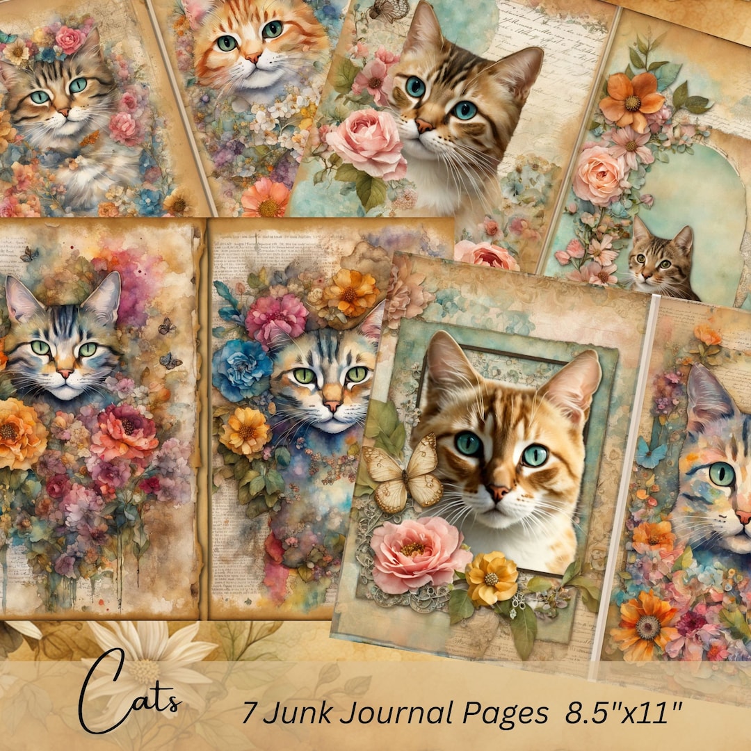 Cat Junk Journal Printable Pages, Cats Junk Journal Kit, Floral ...