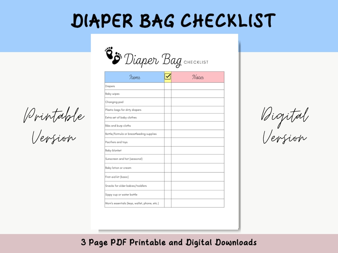 Printable Diaper Bag Checklist PDF, New Born Baby Diaper Bag Packing ...