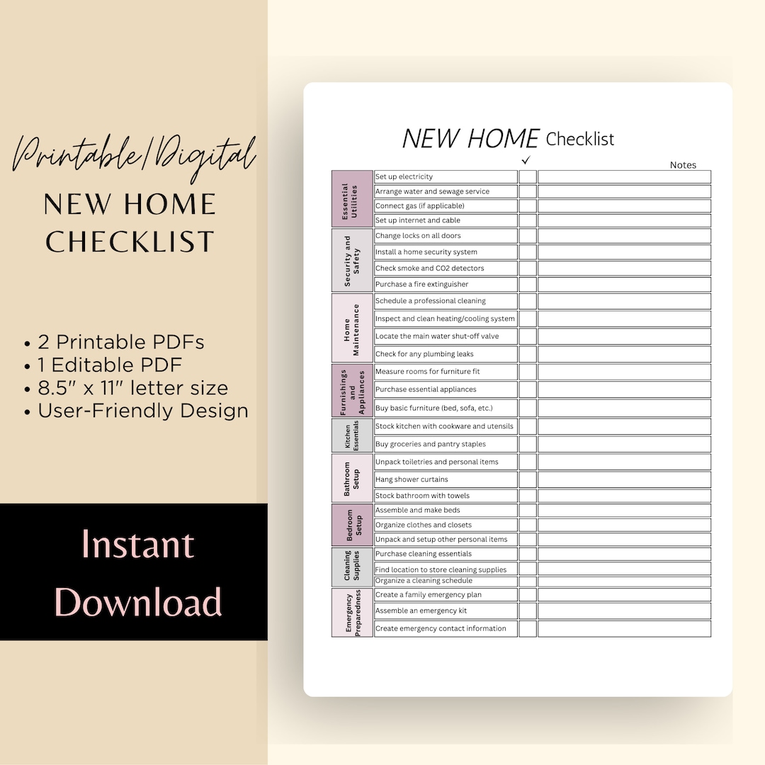 New Home Printable Checklist, Digital New Home Essentials List - Etsy