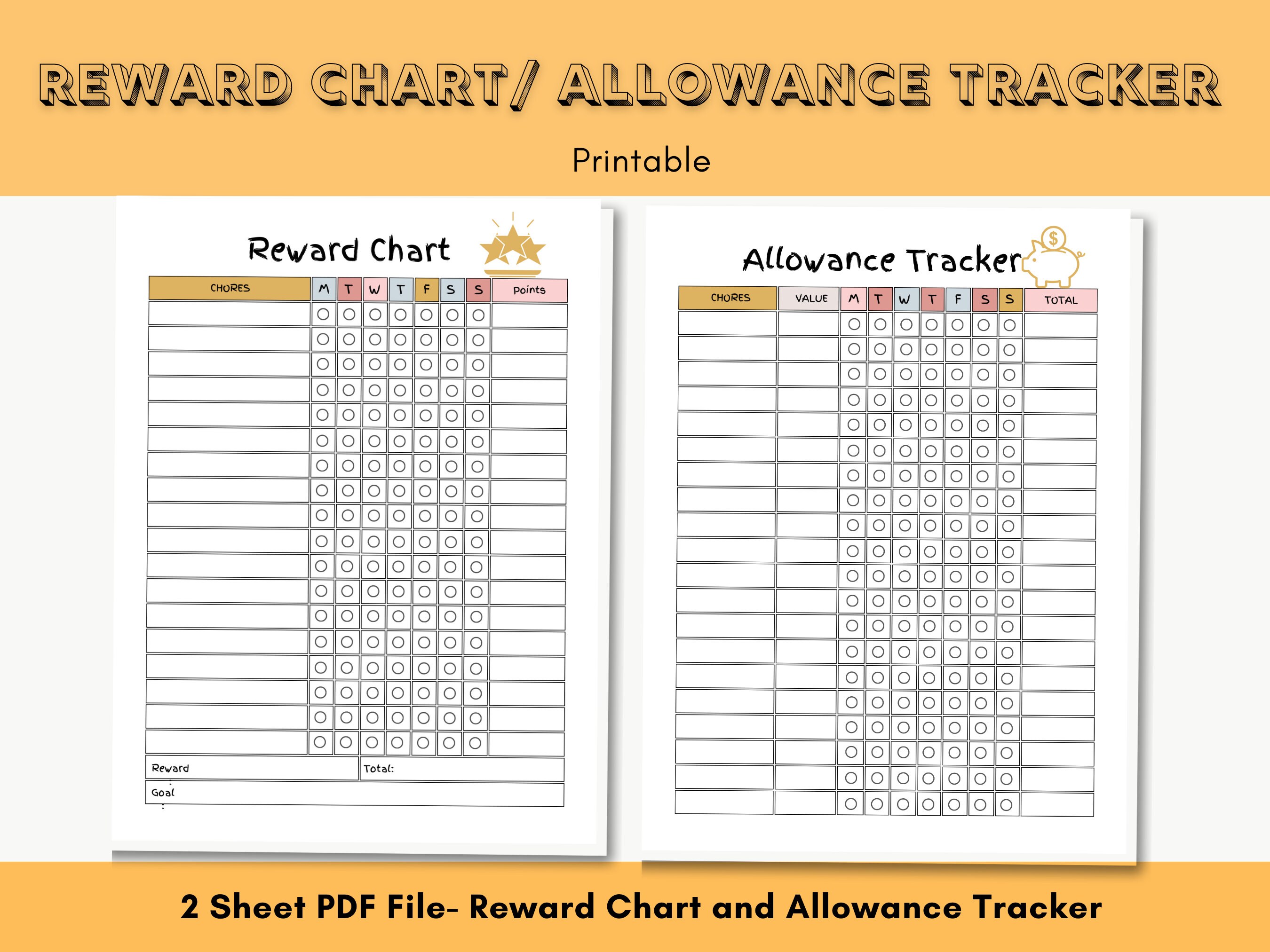 Printable Kids Reward Chart, Allowance Tracker - Etsy