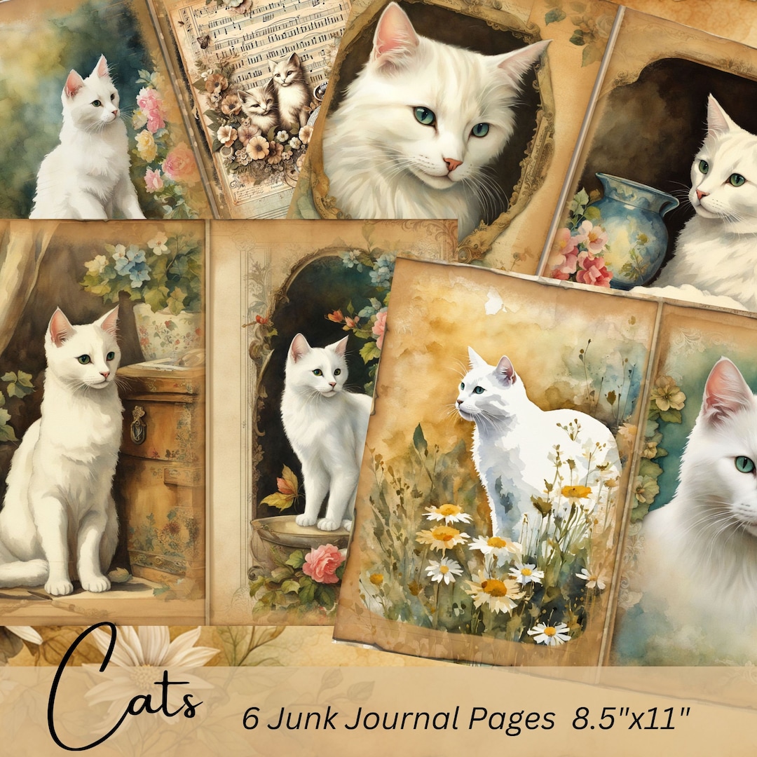 White Cat Junk Journal Printable Pages, Cats Junk Journal Kit, Floral ...
