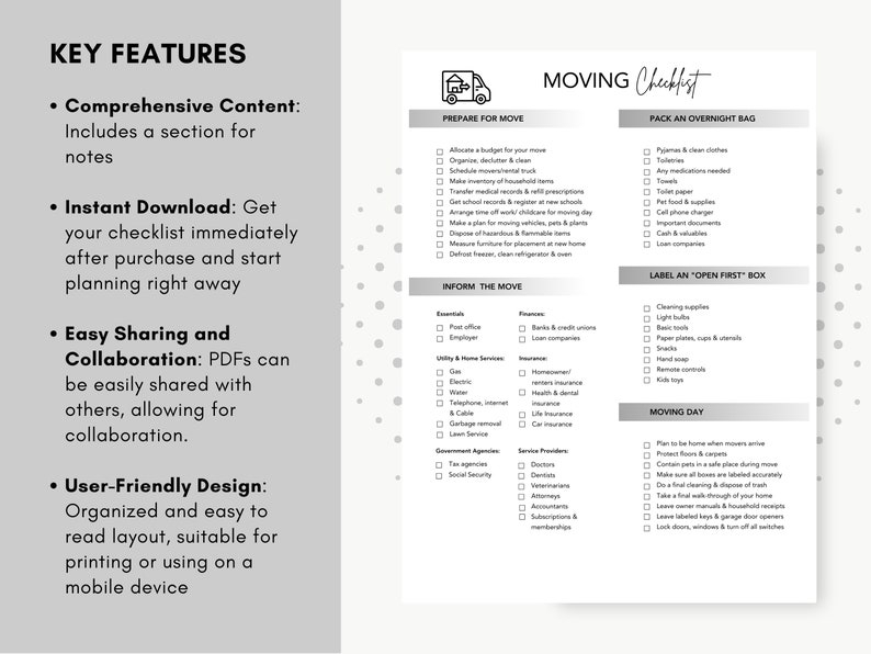 Printable Moving Guide Checklist, Digital Moving to Do List, Packing ...