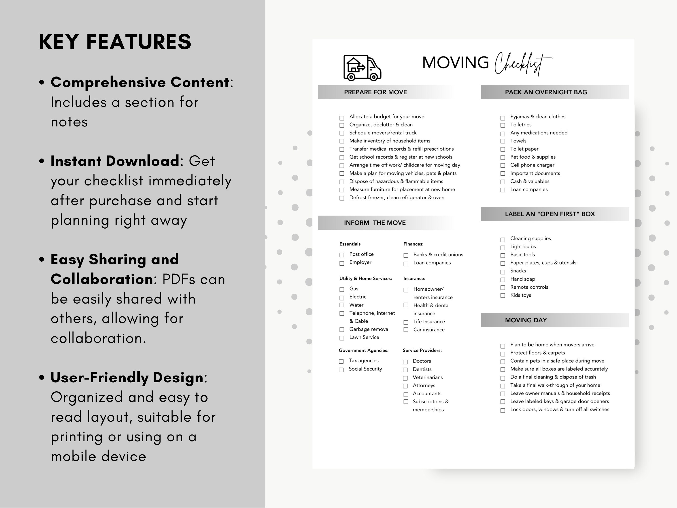 Printable Moving Guide Checklist, Digital Moving to Do List, Packing ...