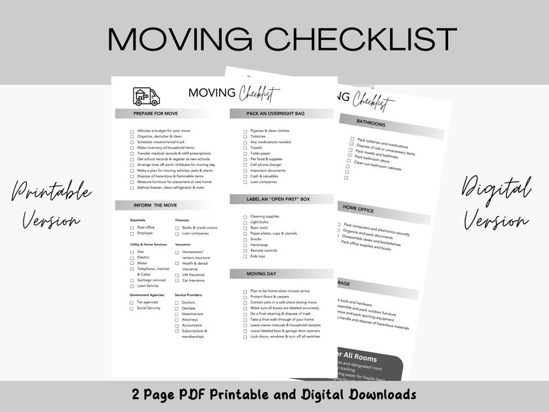 Printable Moving Guide Checklist, Digital Moving to Do List, Packing ...
