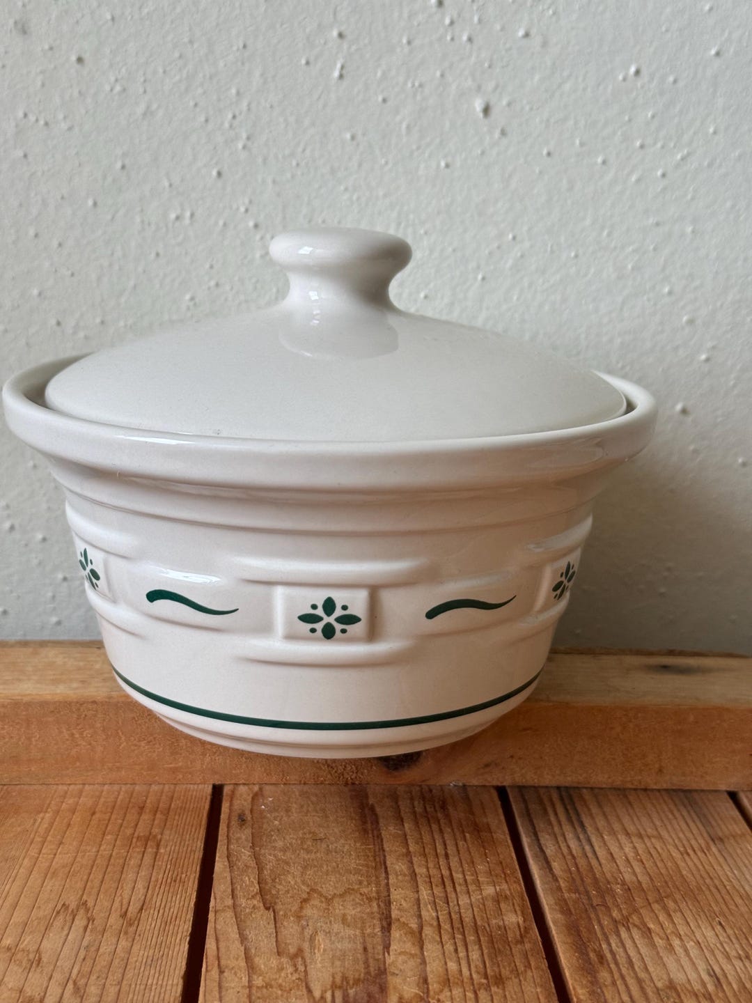 Longaberger Pottery Woven Traditions Green Round Butter Dish With Cover ...