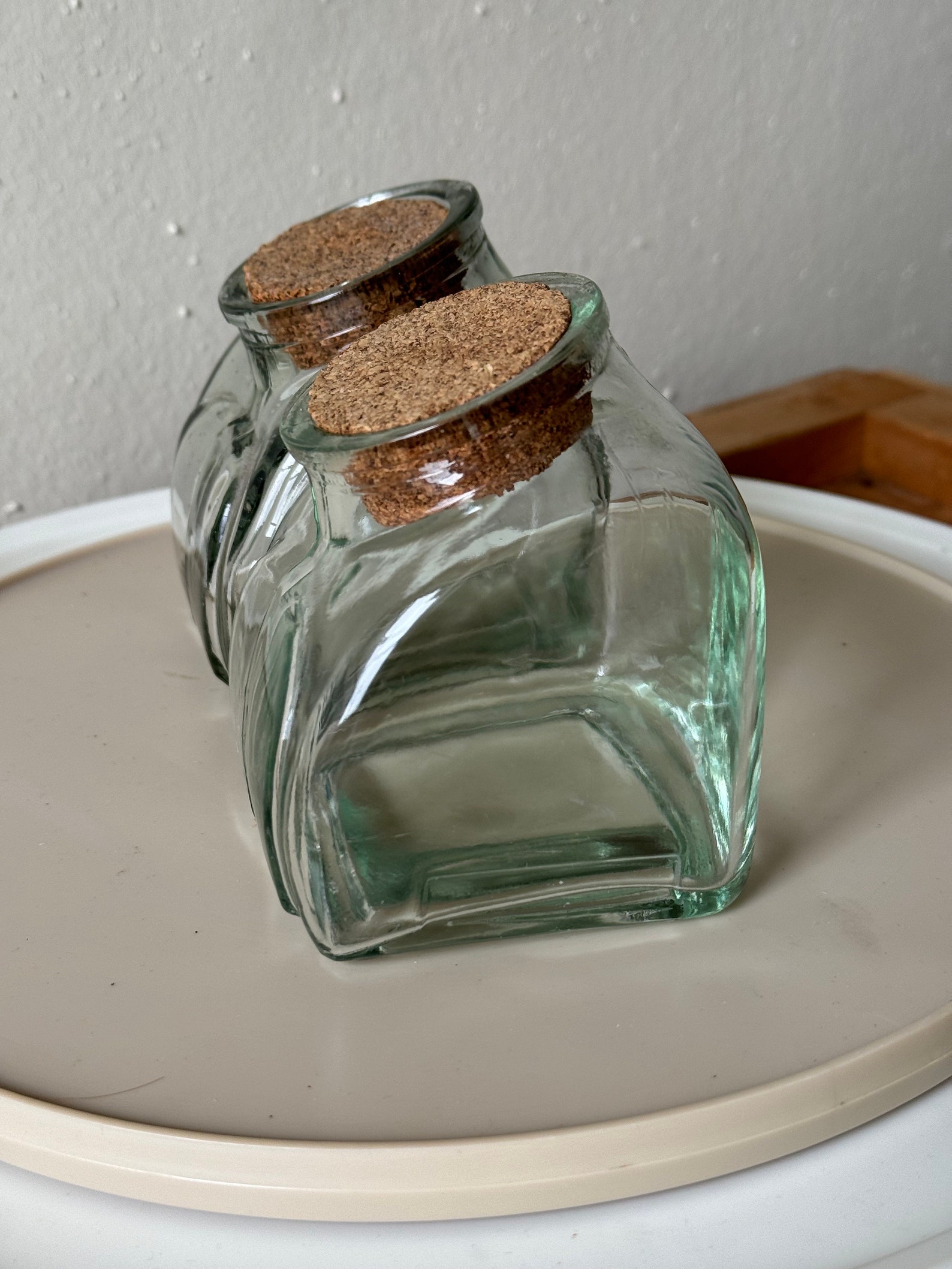 Green Glass Jars With Cork Lids / Stoppers, Slanted Front Opening ...