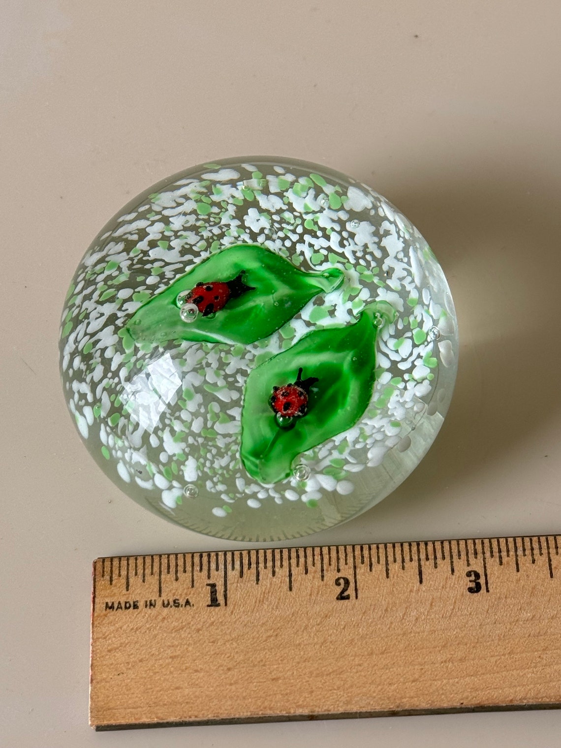 Glass Paperweight With Lady Bugs on Leaves, Bubbles. - Etsy