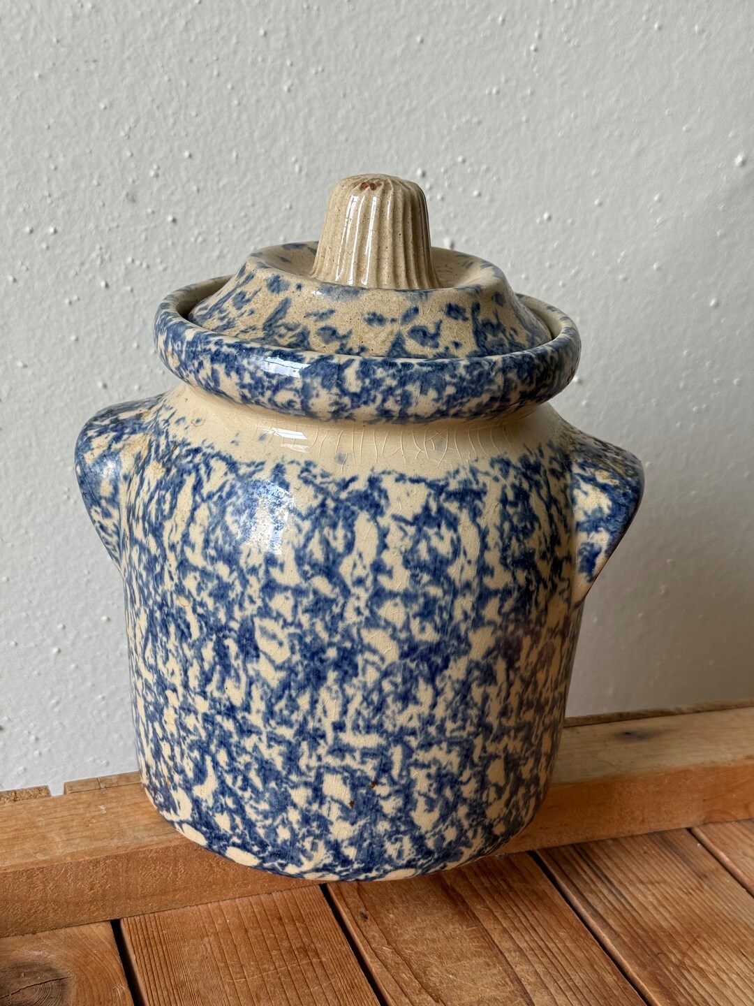 Robinson Ransbottom Blue Spongeware Canister With Lid, Roseville, OH, 1 ...