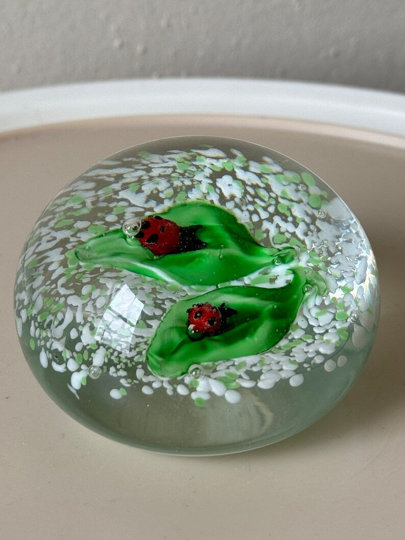 Glass Paperweight With Lady Bugs on Leaves, Bubbles. - Etsy